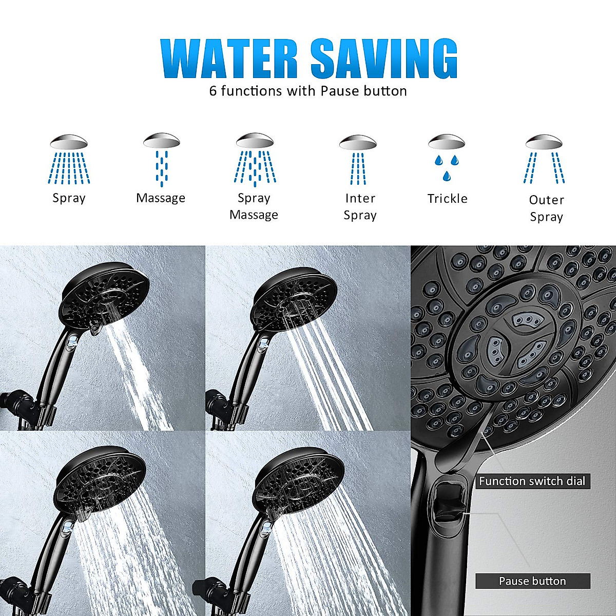 Handheld Shower Head, WASSERN High Pressure 6 Setting Rainfall Massage Water Saving Trickle Pause Extra Long 80'' Stainless Steel Hose Adjustable Bracket Brass Ball Joint 5.2'' Matte Black