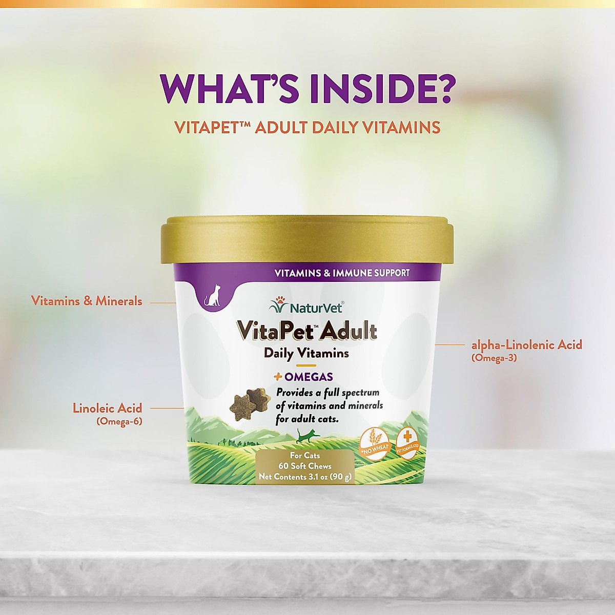 NaturVet VitaPet Senior Daily Vitamins for Cats Plus Glucosamine, Specifically Formulated to Provide Essential Minerals, 90 g, 60 Count