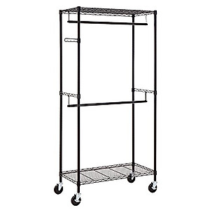 Finnhomy Heavy Duty Rolling Garment Rack Clothes Rack with Double Hanger Rods and Shelves, Portable Closet Organizer with Wheels, 1'' Diameter Thicken Steel Tube Hold Up to 300Lbs, Black