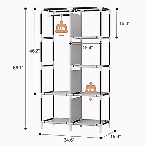ROJASOP Portable Closet Wardrobe Closet for Hanging Clothes with 6 Storage Shelves, 1 Hanging Rod and 4 Pockets, Free Standing Closet Clothes Organizer for Bedroom, Sturdy and Easy Assemble