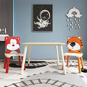 3 Piece Wood Table & Chair Set for Age 2-6 Boy Girl, Wood Activity Table Drawing Play Table Set w/ 2 Animals Chairs for Home, Nursery, Kindergarten, Age 2-6 Boy Girl Activity Table Chair 3 Pieces Set