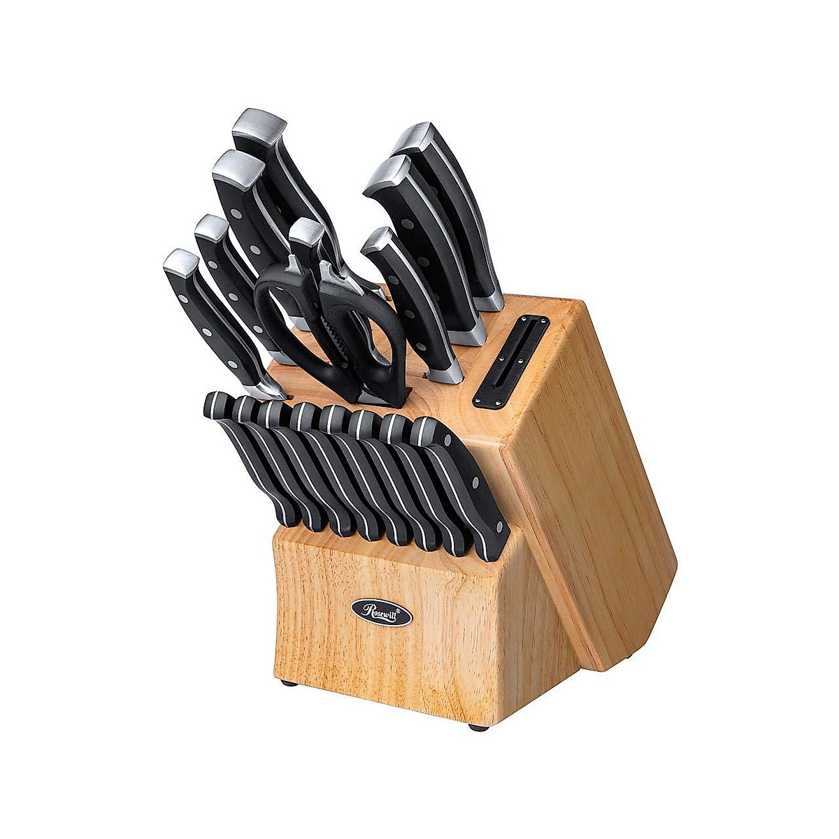 Rosewill 18 Piece Stainless Steel Cutlery Knife Set with Kitchen Shears| Triple Riveted Handles, Full Tang Design with Wood Block and Built-in Sharpener