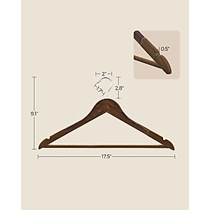 SONGMICS Velvet Wooden Hangers, Set of 20 Wooden Hangers with Velvet Surface, Non-Slip Coat Hangers with Shoulder Grooves, Pants Bar, 360° Swivel Hook, for Jackets Shirts, Dark Walnut UCRW012V02