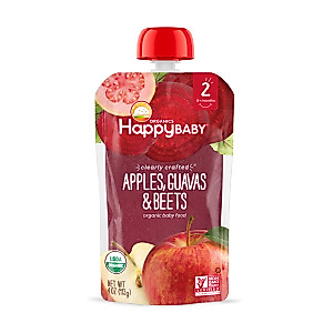 Happy Baby Organics Stage 2 Baby Food Pouches, Gluten Free, Vegan & Healthy Snack, Clearly Crafted Fruit & Veggie Puree, Apples, Guavas & Beets, 4 Ounces (Pack of 16)