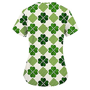 St. Patrick Leaf Printed Short Sleeve Tops for Women Scrub_Tops Non-Positioning Print Working Uniform Casual Loose Shirt