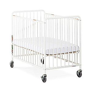 Foundations Chelsea Slatted Metal Evacuation Crib, Compact Mini Size, Oversized Casters, White