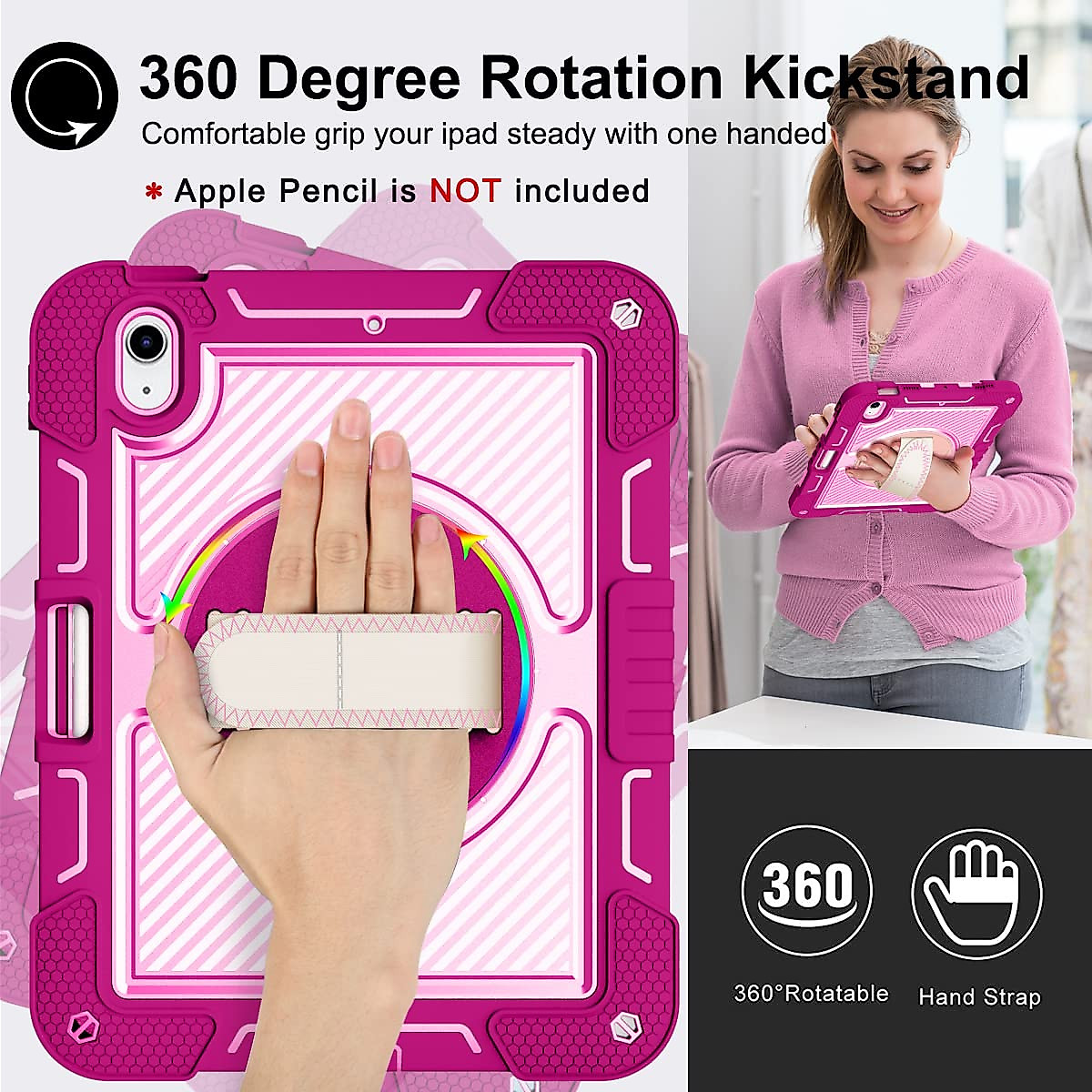Hot Pink 10th Generation Case 2024 10.9 inch with Pencil Holder 10 Case Tablet Case New Gen 10 Case 2024 New 10.2 Case for Kids Girls 10.9 Inch 2024 Release