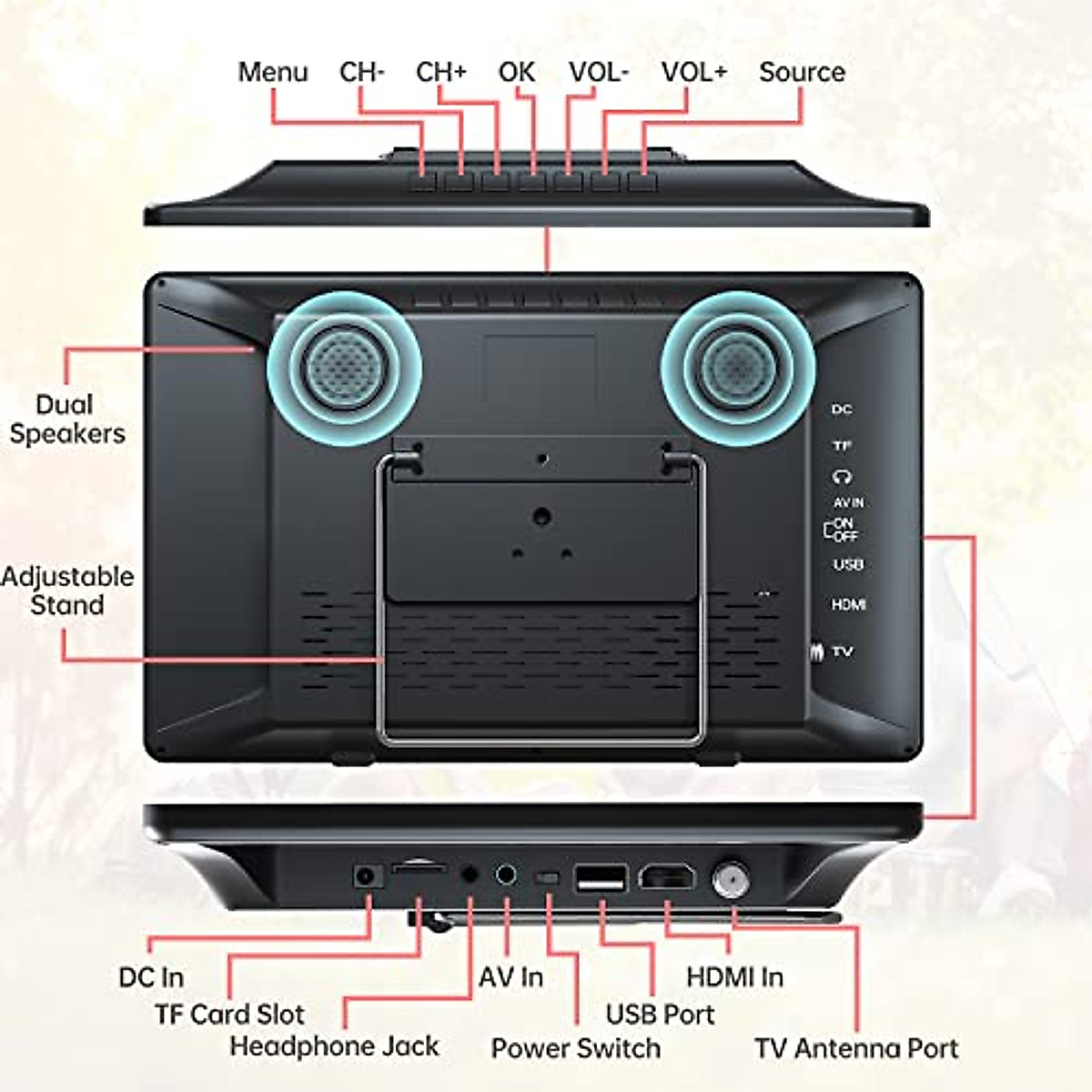 14 inch Portable TV with Antenna, DESOBRY Portable Small TV with ATSC Tuner, Rechargeable Battery Operated Mini TV LCD Monitor 1080P,Built-in TV Stand,HDMI Input,USB,AV In,Supports Camping,Kitchen,Car