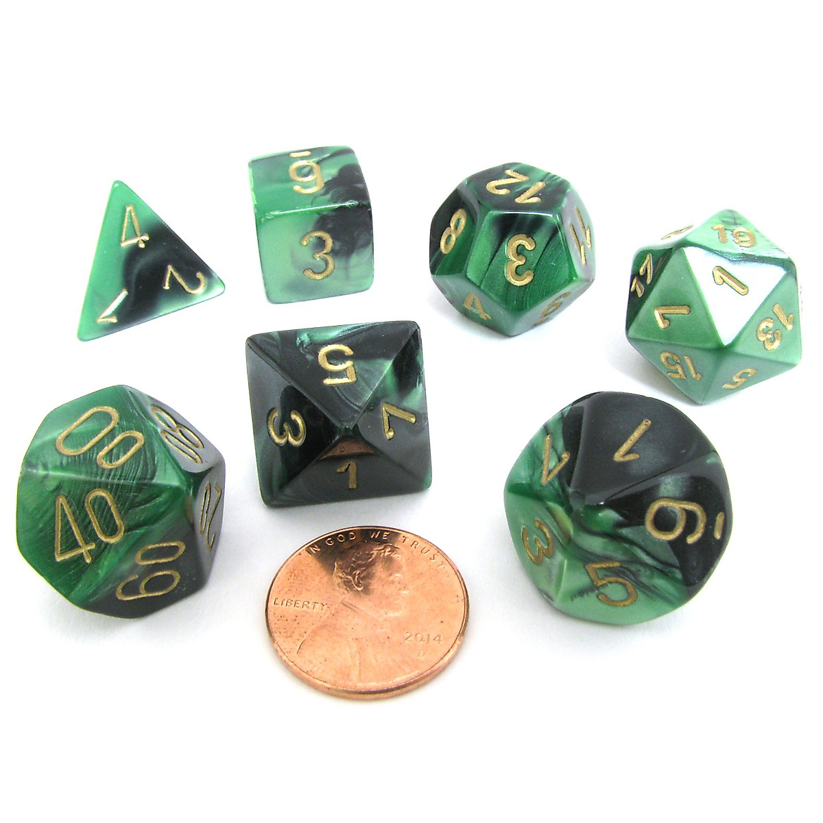 Polyhedral 7-Die Gemini Chessex Dice Set - Black-Green w/ Gold CHX-26439