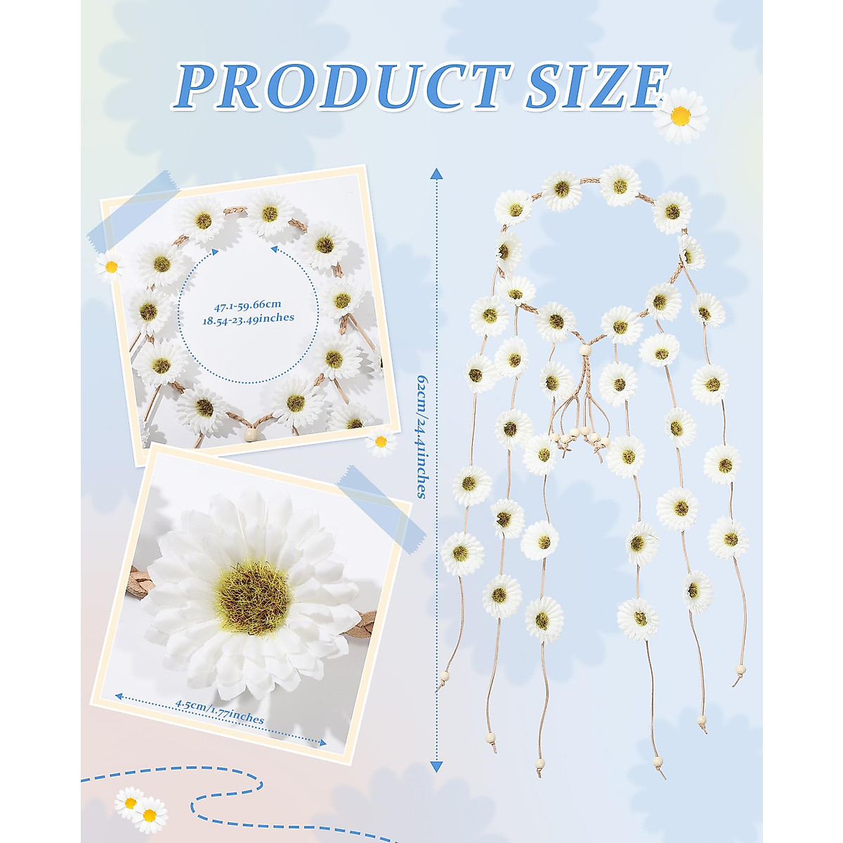 CHLINS Hippie Headband Flower Crown Bohemian Sunflower Headband Flower Headpiece Hippie Costume 60s 70s Outfits for Women (White)