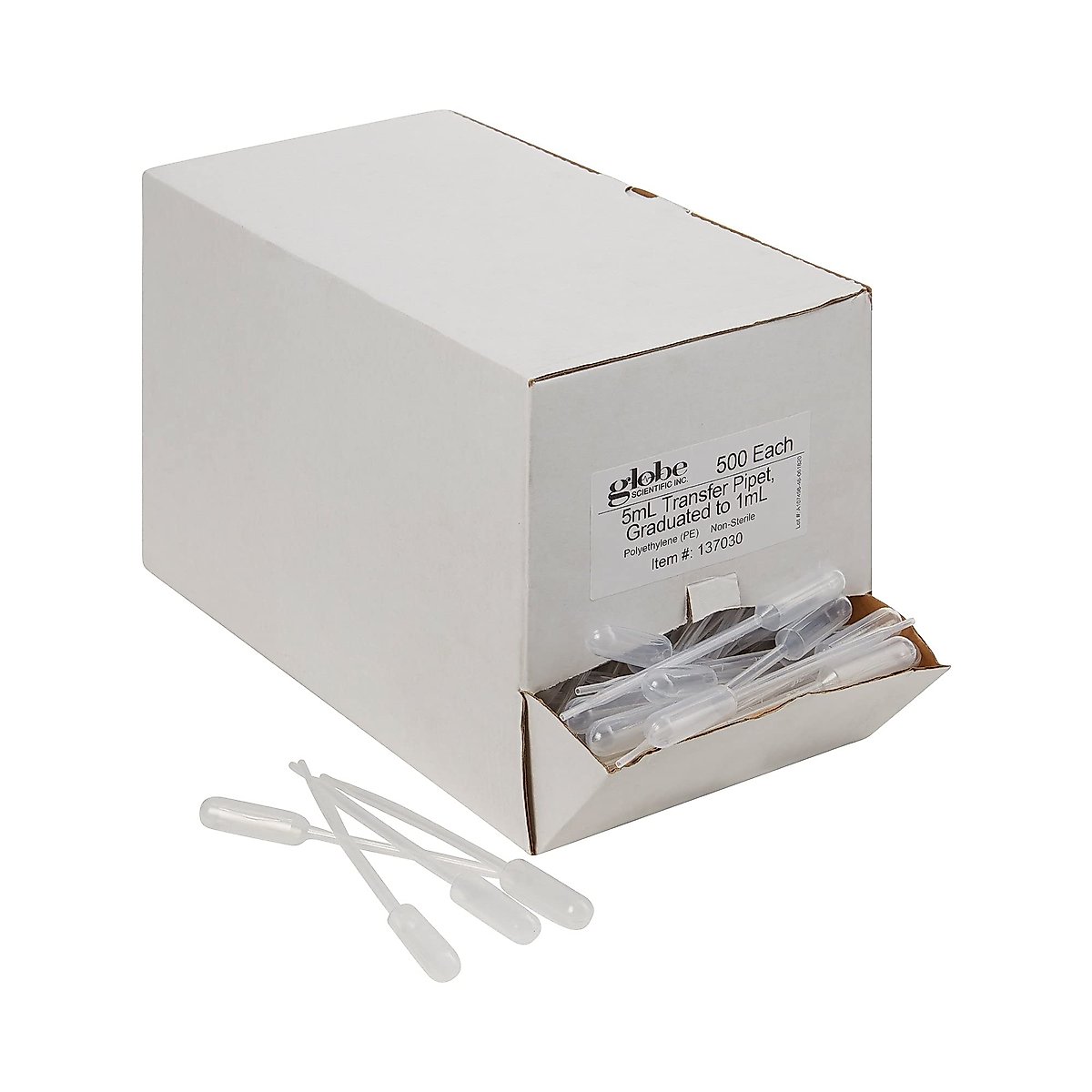 Globe Scientific Transfer Pipettes w/Large Bulb 5 mL, Non-Sterile, Graduated to the 1 mL Mark, LD Polyethylene, 145mm, 137030, 5000 count (10 Packs of 500)