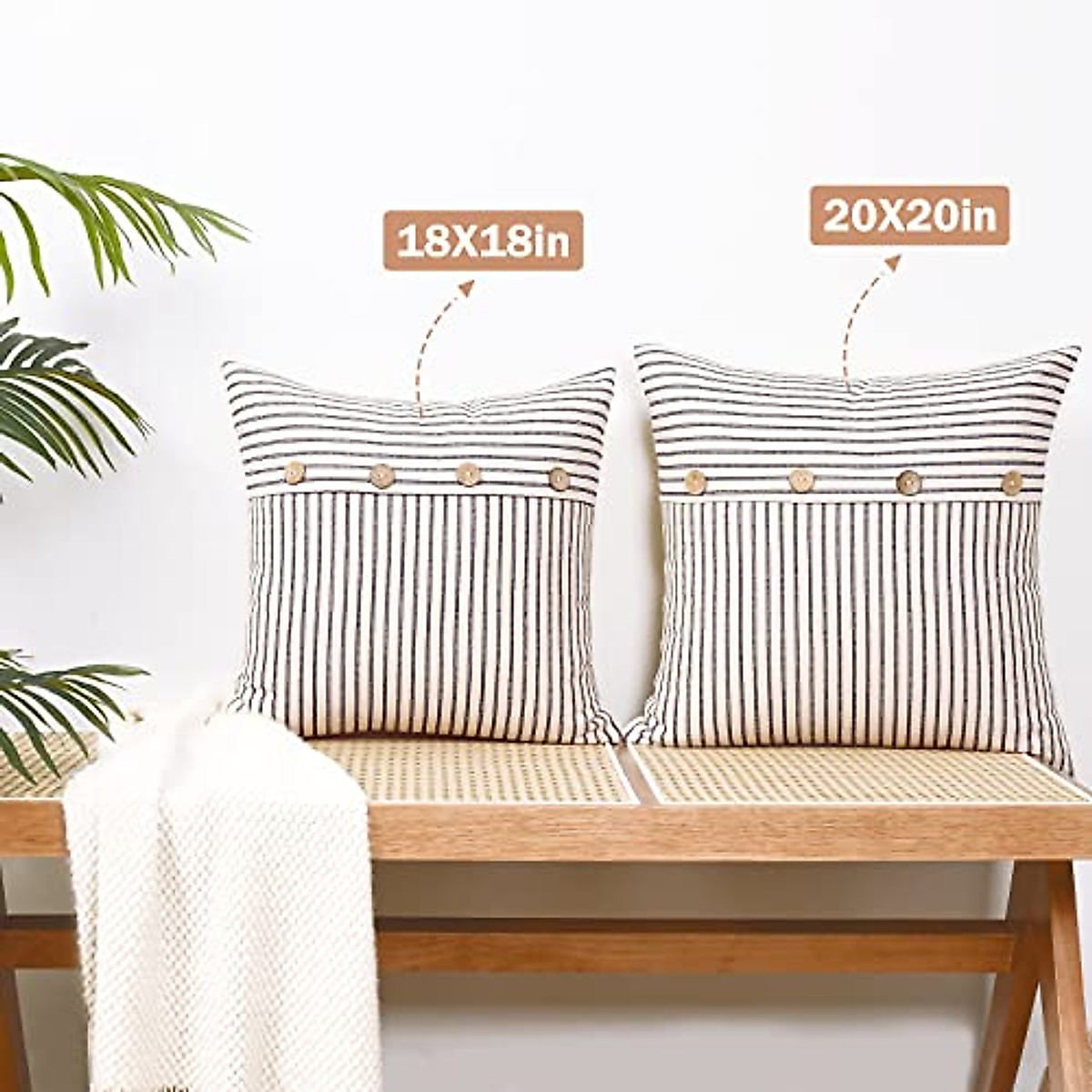 Farmhouse Button Pillow Covers 18 x 18, Black and Beige Striped Patchwork Pillow Covers, Set of 2 Modern Accent Square Couch Pillow Cases, Decorative Pillowcases with Buttons for Sofa Couch Bed