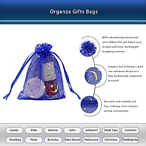SUNGULF 100Pcs Sheer Organza Drawstring Pouches Stars and Moon Wedding Gift Bags Blue Color 4x5 Inches