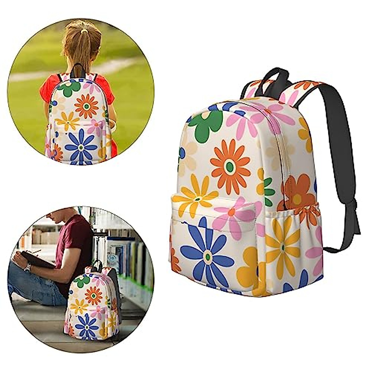 Delerain 17 Inch Backpack 70s Daisy Flowers Laptop Backpack School Bookbag Shoulder Bag Casual Daypack For School/Camping/Hiking/Picnic/Beach/Travel