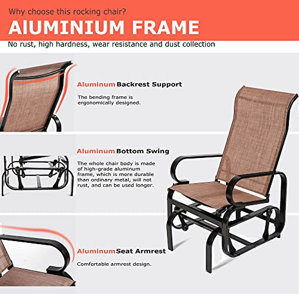 PatioPost Outdoor Porch Glider Patio Swing Rocking Lounge Chair with Powder Coated Sturdy Aluminum Frame Support for Outdoor Backyard,Beside Pool,Lawn, Textilene, Brown