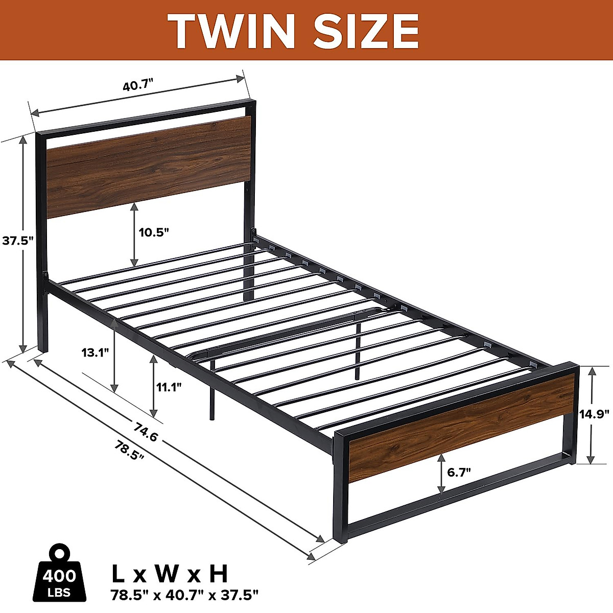 Metal Twin Size Bed Frame with Wood Headboard and Footboard, Platform Bed with Under-bed Storage Space, No Box Spring Needed, Sturdy Non-Slip Without Noise, Steel Slats, Mattress Foundation, Black
