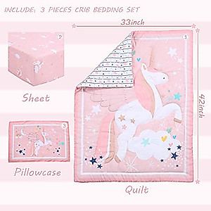 UOMNY Crib Bedding Set for Girls - Pink Baby Nursery Bedding Sets 3 Pieces Crib Quilt Comforter Fitted Crib Sheet Toddler Pillowcase Soft Star Baby Bedding Set