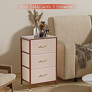YILQQPER Dresser for Bedroom, Nightstand with 3 Drawers, Fabric Kids Dresser for Closet Organizer, Nursery, Dorm, Cute Night Stand with Sturdy Steel Frame, Leather Finish, Wood Top, Rose Gold