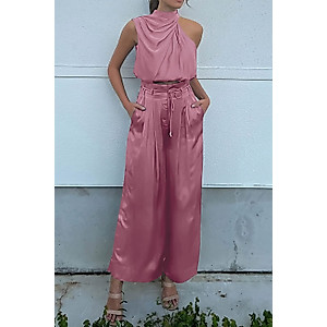 PRETTYGARDEN Women's 2 Piece Outfits 2025 Summer Casual Sleeveless Mock Neck Crop Tops Wide Leg Pants Set (Pink,X-Large)