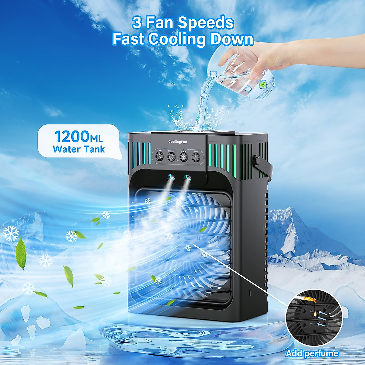 Portable Air Conditioners, Evaporative Air Cooler with Remote, 3 Speed Humidify & 7 LED Light, 2-8H Timer, 1200ML Cooling Fan Mini Air Conditioner for Room Car Camping