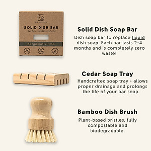 Zero Waste MVMT Dish Washing Bundle Kit | Eco-Friendly Solid Dish Soap, Cedar Soap Tray, Bamboo Pot Brush | Organic, Vegan, Non-Toxic Dish Soap | 3pc. Set