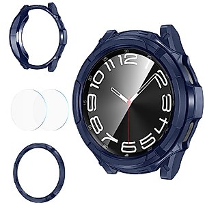 Goton 3 in 1 Accessories for Samsung Galaxy Watch 4 Classic 46mm, 1 Rugged TPU Armor Bumper Case Cover +2 Tempered Glass Screen Protector Films + 1 Bezel Ring for Galaxy Watch4 Classic 46mm Blue