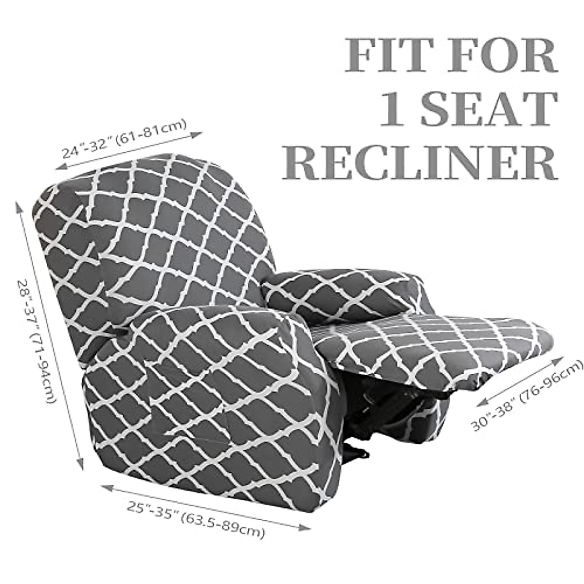 FIGOOO Recliner Sofa Slipcover 4-Piece Stretch Recliner Chair Covers Non Slip Spandex Pattern Recliner Cover with Pockets Reclining Couch Covers Furniture Protector for Dogs Cats(Gray Plaid,1 Seater)