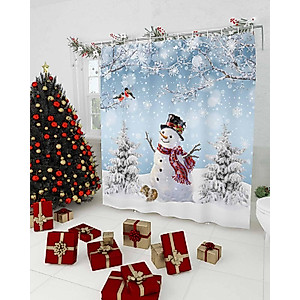 BEMIGO Christmas Tree Snowman Shower Curtains for Bathroom, Xmas Tree Farmhouse Fabric Waterproof Shower Curtain Set with Hooks, Christmas Vacation Decorations Bathroom Accessories 72x72inch