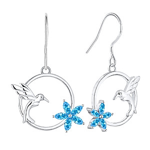 YL Hummingbird Hook Earrings Sterling Silver Flowers Dangle Drop Earrings Created Aquamarine Jewelry Women