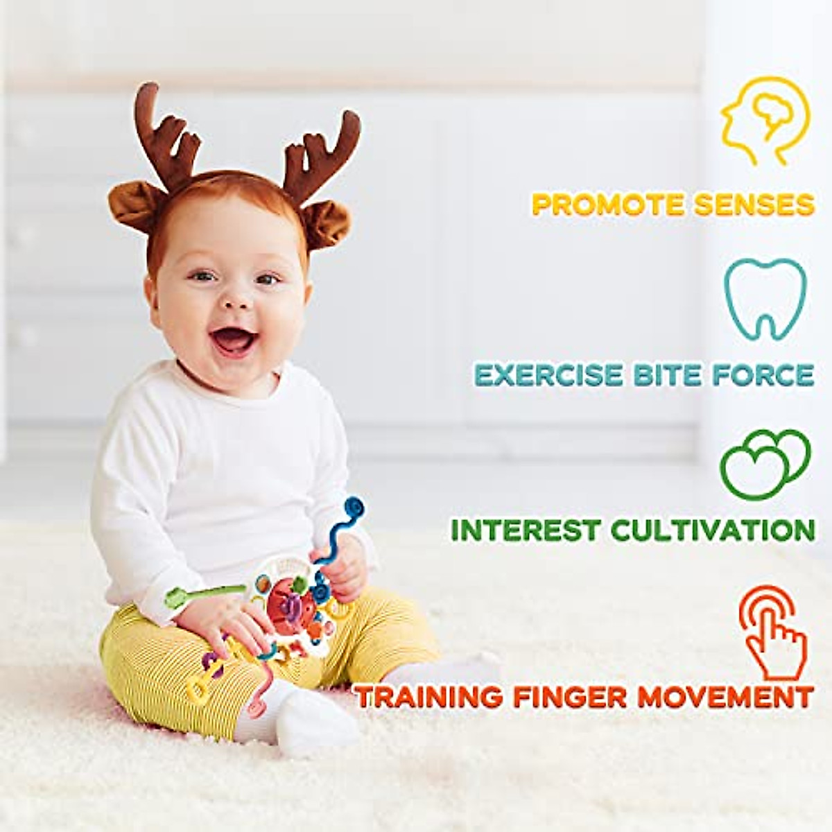 Oueyes Montessori Toys for Babies 6-12 Months Baby Sensory Toys Teething Toys 12-18 Months Pull String Activity Toys Sensory Toys for Toddlers 1-3 Travel Toys for 1 Year Old Baby Girl Boy Gifts