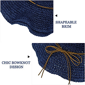 Women Sun Hat Wide Brim Floppy Beach Hat Crochet Straw Hat Breathable UV UPF 50+ Summer Hat Foldable Packable Travel Outdoor Cap Navy Blue