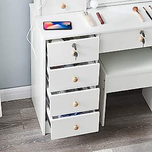 Saihemei Makeup Vanity Table with Lighted Mirror, Adjustable Brightness 3 Lighting Modes Dressing Table with Stool and Storage Shelves for Women Girls