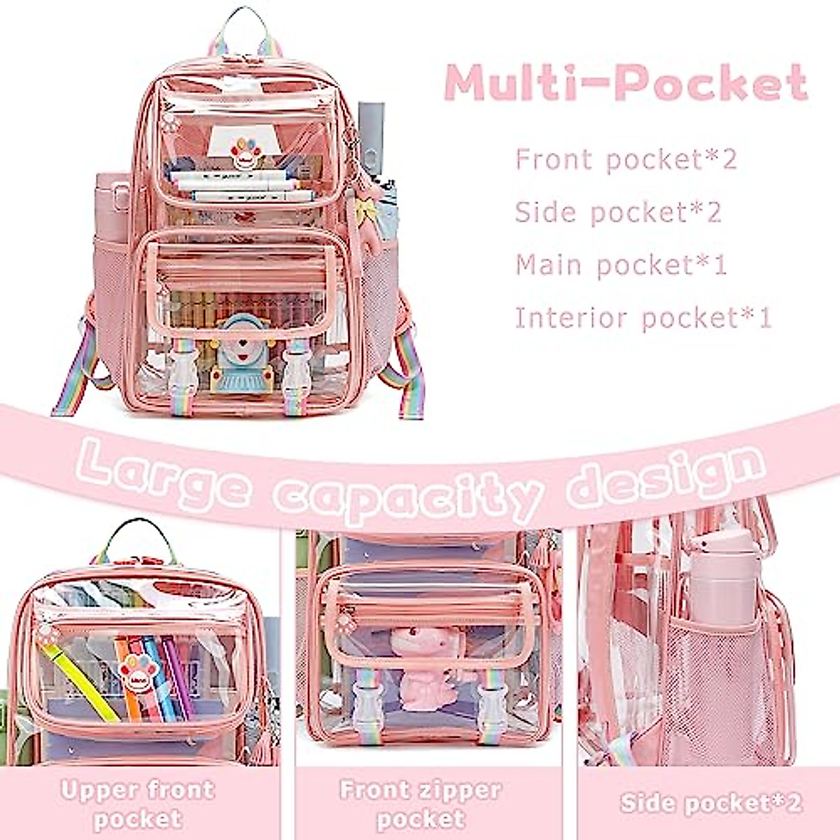 Maod Clear Backpack Heavy Duty Stadium Approved PVC Transparent Large School Book Bag with Free Sticker and A Pendant (Pink)
