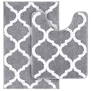 OLANLY Bathroom Rugs Set 2 Piece Microfiber Bath Shower Mat and U-Shaped Toilet Rug, Machine Wash Dry, Non Slip Absorbent Shaggy Bath Rug for Tub, Shower and Bath Room (20" x 32"+20" x 24", Grey)