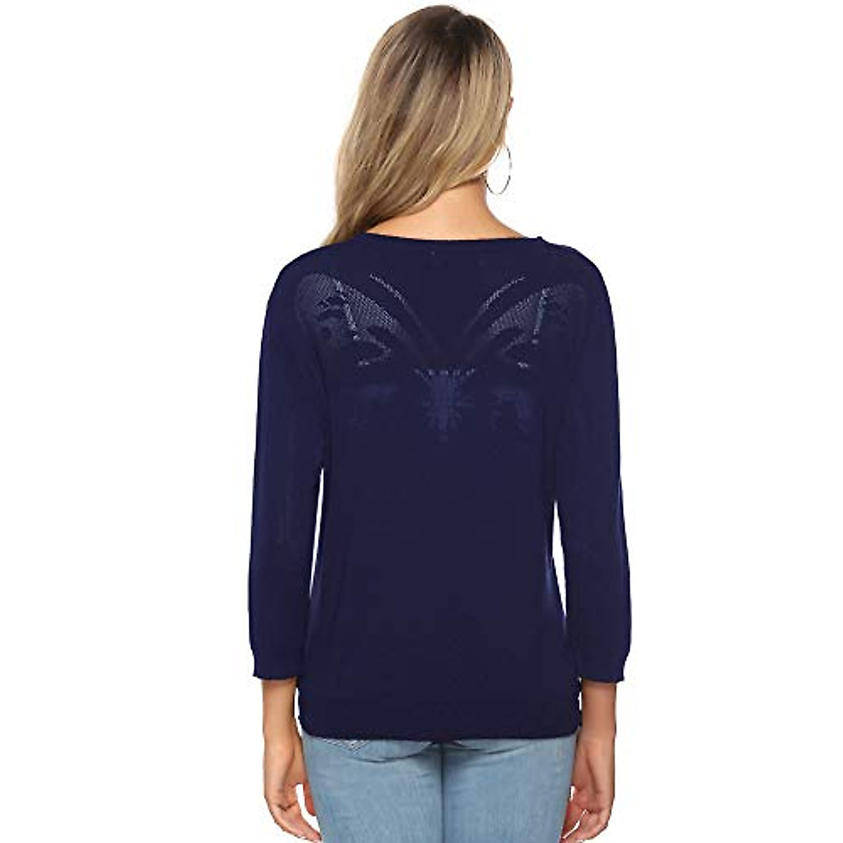 iClosam Summer Cardigans for Women Lightweight Work V Neck Knitted Cardigan 3/4 Sleeve Shrug Sweater Navy Blue