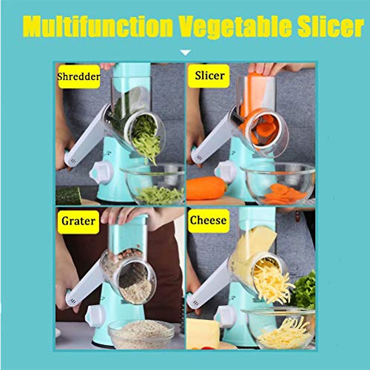 Cheese Grater Rotary Cheese Shredder Vegetable Slicer 3-in-1 Vegetable Shredder Grater Slicer Grinder for Potato Onion Cucumber Carrot Blue