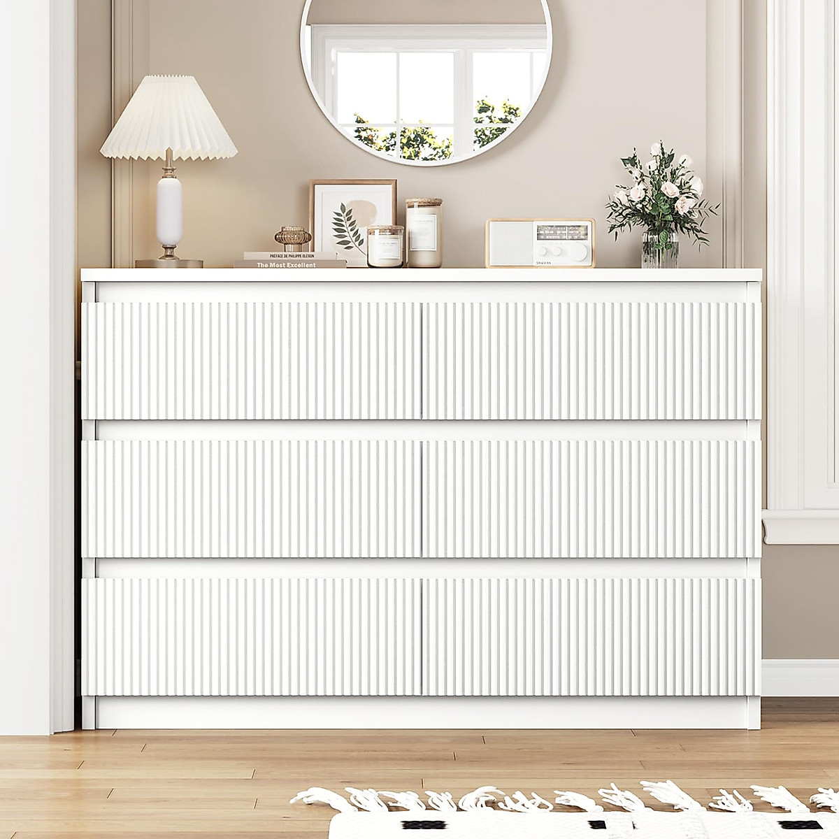 Jocoevol White Dresser 6 Drawer Dresser for Bedroom, Modern Fluted Dresser with Deep Drawers, Large Double Wooden Dresser Chest of Drawers for Living Room, Hallway, Entryway (White)