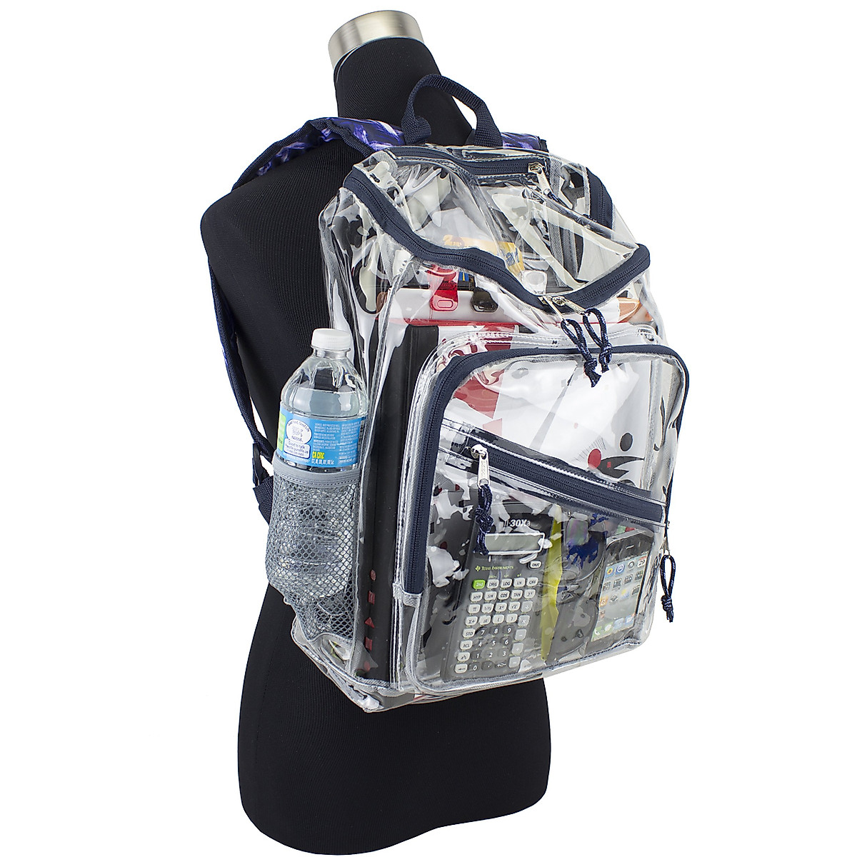 Eastsport Durable Clear Top Loader Backpack with Adjustable Printed Straps - Transparent - Navy Blue/Purple/Brushstroke Print Straps
