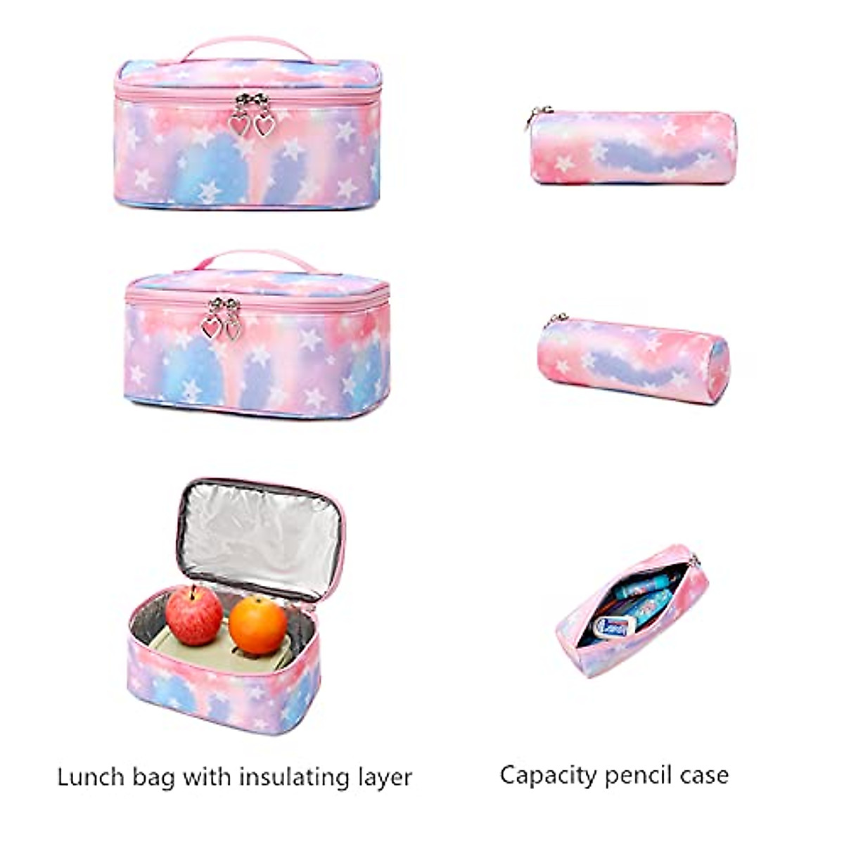 Gradient-Star Backpack and Lunch Bag Set for Girls School Bookbag and Lunch Box, Backpack Lunchbox Combo Girls, Star Print Backpack Set for Girls