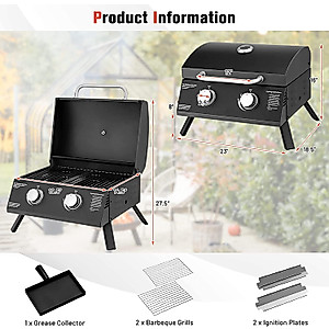Grill Portable Gas Grill, 20,000 BTU Two Burner Tabletop Barbecue Grill w/Built-in Thermometer, Grease Tray, Waterproof Top Lid, Folding Legs, Compact Propane Grill for Backyard, Camping, Picnic