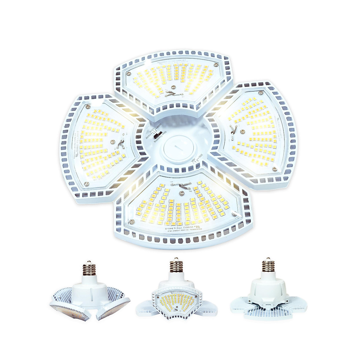 RDJ Bouns 211B 150W EX39 Base LED Garage Light Motion Sensor, White Garage Light 3000K,4000K,5000K, 4-Panel Foldable Screw-in Style, High Bay LED Shop Light, Garage Ceiling Light