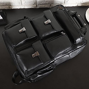 Masa Kawa Black Leather Backpack for Men 15.6 Inch Laptop Bag Multi Pockets Rucksack Casual Business Work Travel Daypack