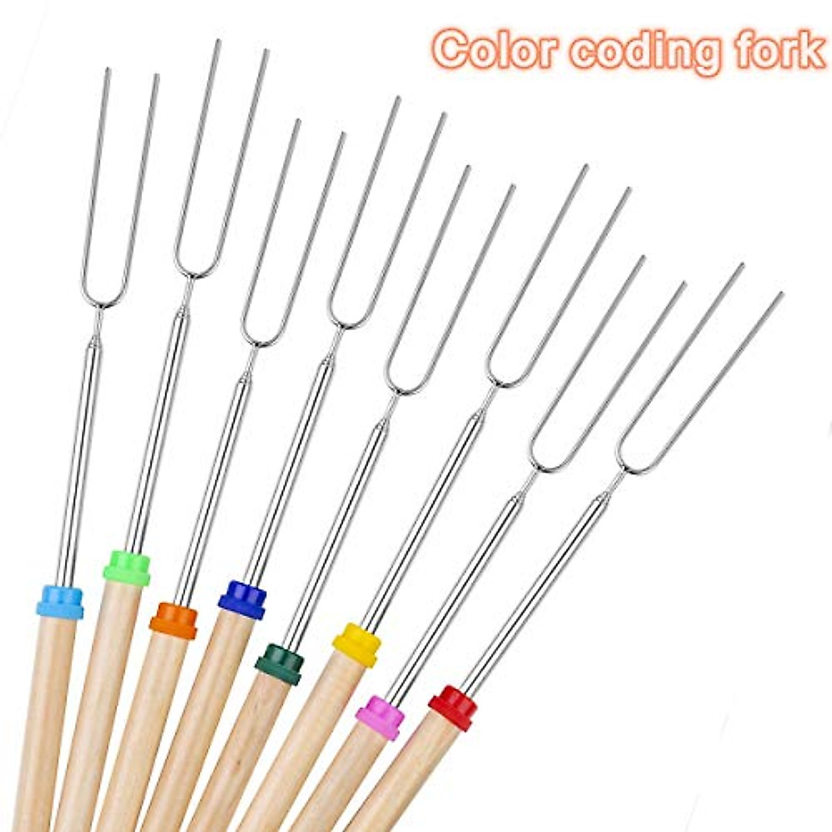 HSHKJ Marshmallow Roasting Stick 8 Packs Smores Skewers for fire Pit Telescoping BBQ Fork with Wooden Handle for Sausage Hot Dog Campfire Camping Stove Grill Kit with Portable Bag,32Inch