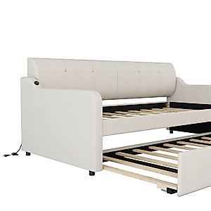 Twin Size Wood Upholstery Sofa Bed,Convertible Sleeper Sofa with Trundle and USB Charging,Trundle Can Be Flat or Erected,for Living Room Bedroom