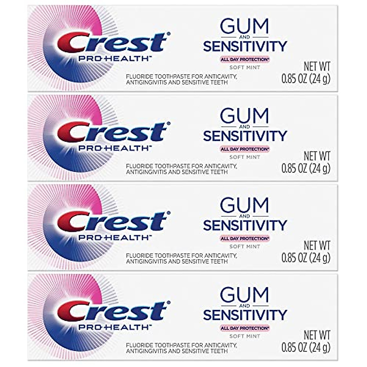 Crest Pro Health Gum and Sensitivity Toothpaste for Sensitive Teeth, Soft Mint, Travel Size 0.85 oz (24g)- Pack of 4