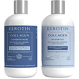 Kerotin Collagen Shampoo and Conditioner - Collagen Hair Treatment Set with Keratin, Rosemary, and Coconut Oil. Repair Damaged Hair, Prevent Breakage and Eliminate Frizz. Made in the USA