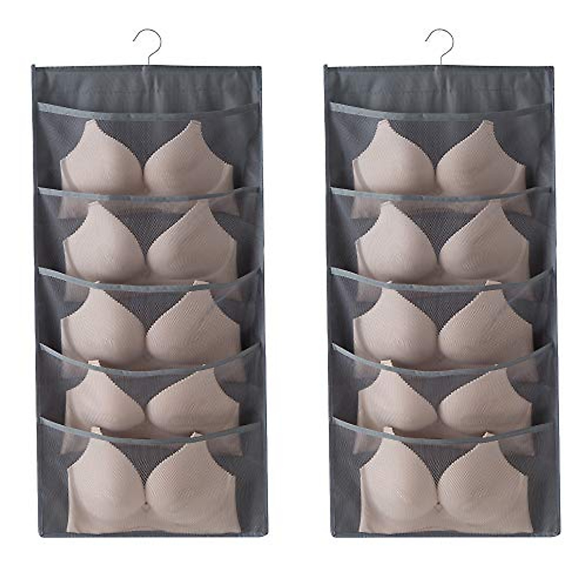 Enlarged Closet Hanging Bra Organizer with Rotating Metal Hanger, Extra-Large Dual Sided Wall Shelf Wardrobe Mesh Pockets Hanging Storage Bag for Bra Socks Underwear Underpants