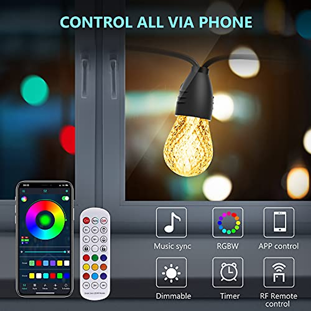 Outdoor String Lights with 25 Multi-Color LED Bulbs, 49ft IP65 Waterproof Shatterproof RGBW Patio Light, Bluetooth App&Remote Control, Hanging Christmas Light for Outside Backyard Garden Party Balcony