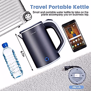 Sekaer Small Electric Tea Kettle Stainless Steel 0.8L Portable Travel Hot Water Boiler, Mini Electric Coffee Kettle with Auto Shut-Off & Boil Dry Protection, Cordless Base & LED Indicator