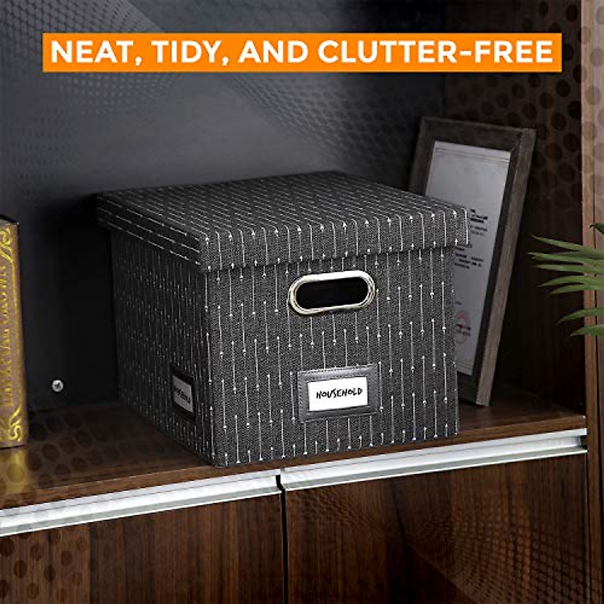 TRIZO Collapsible File Storage Organizer Box - Decorative Home & Office Portable Small Filing System for Folder & Documents (Set of 2)